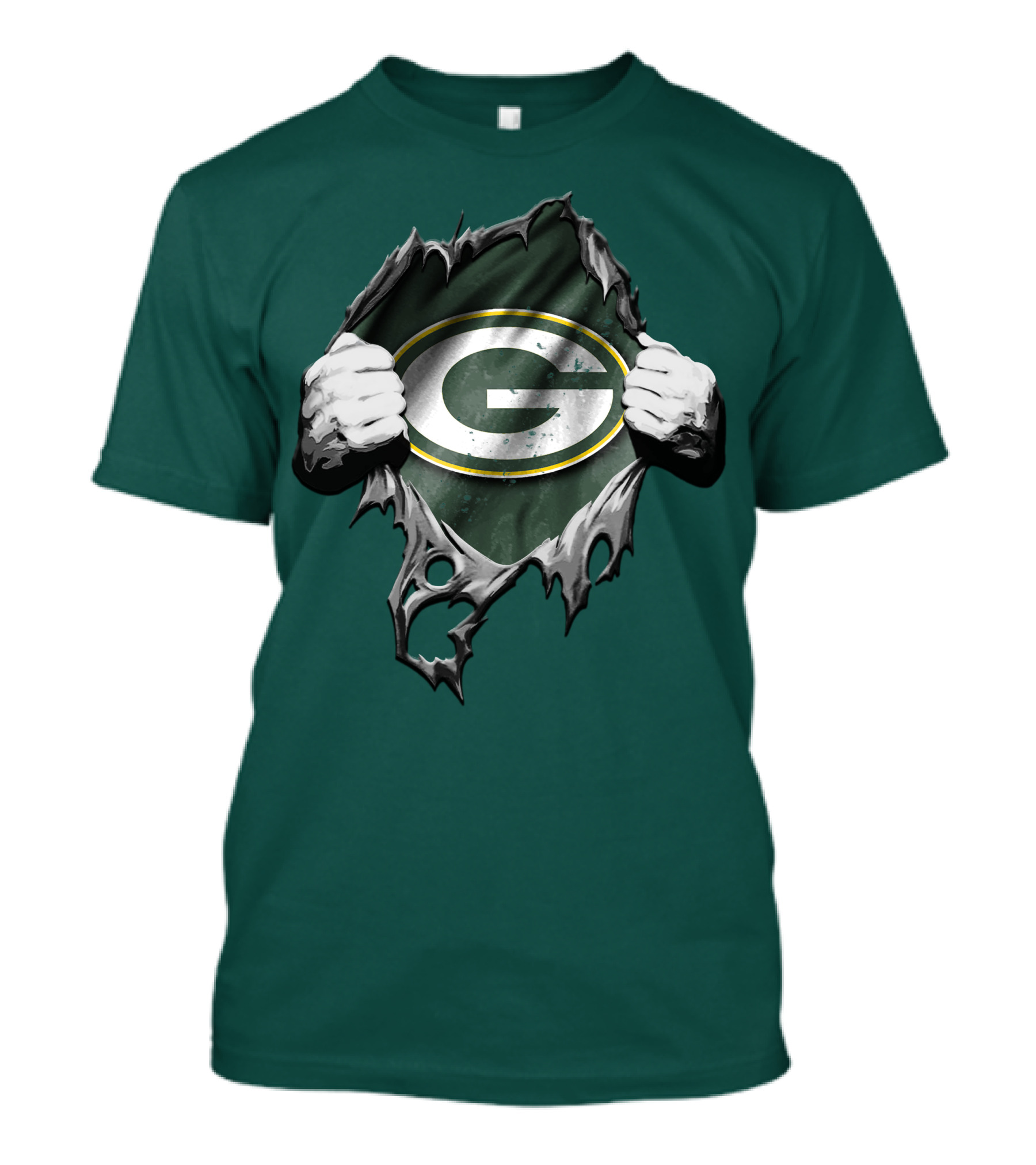 Torn Green Bay Packers Logo With Hands On Green Background T-Shirt