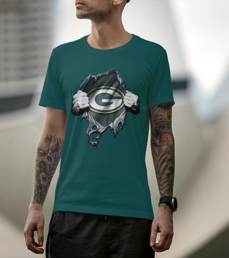 Torn Green Bay Packers Logo With Hands On Green Background T-Shirt