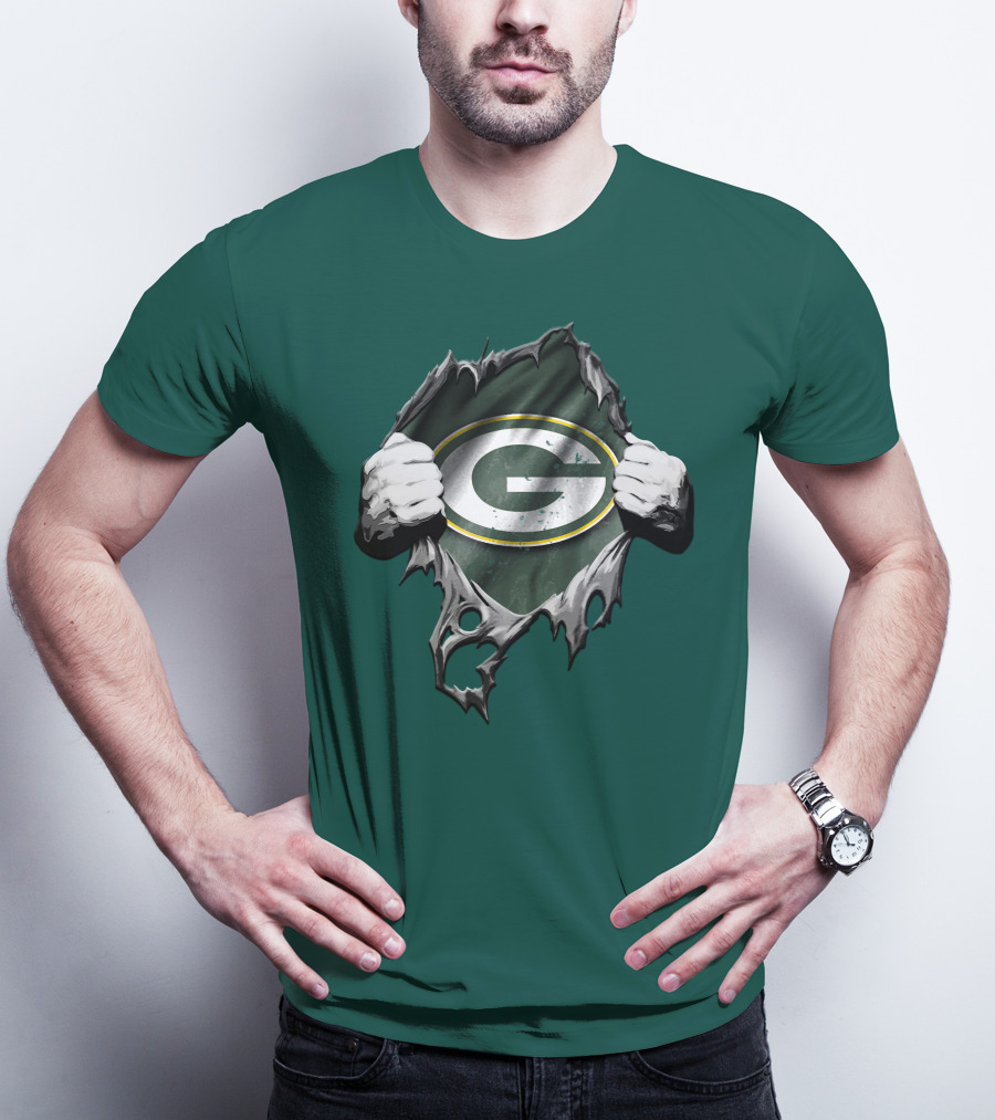 Torn Green Bay Packers Logo With Hands On Green Background T-Shirt