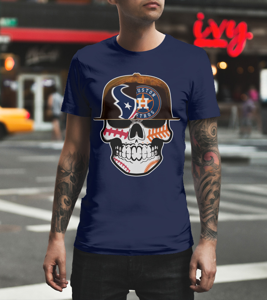 Houston Texans Astros Skull Logo Baseball Football Fusion T-Shirt