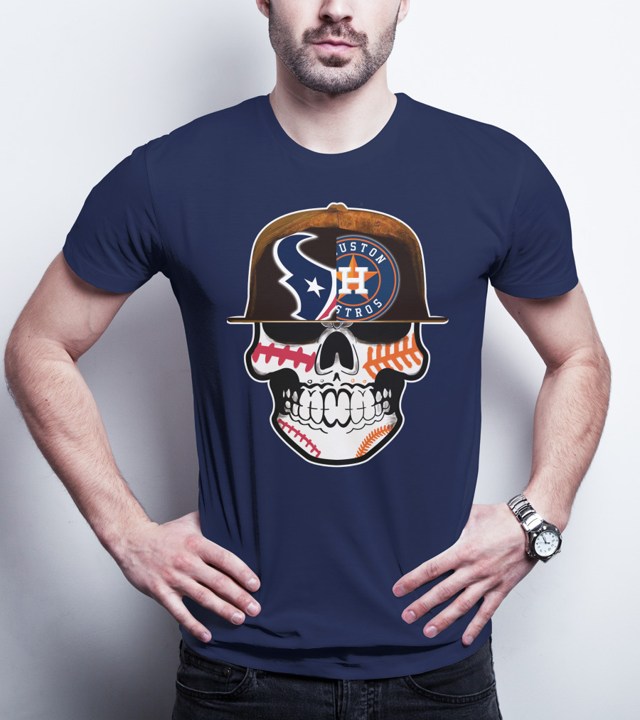 Houston Texans Astros Skull Logo Baseball Football Fusion T-Shirt