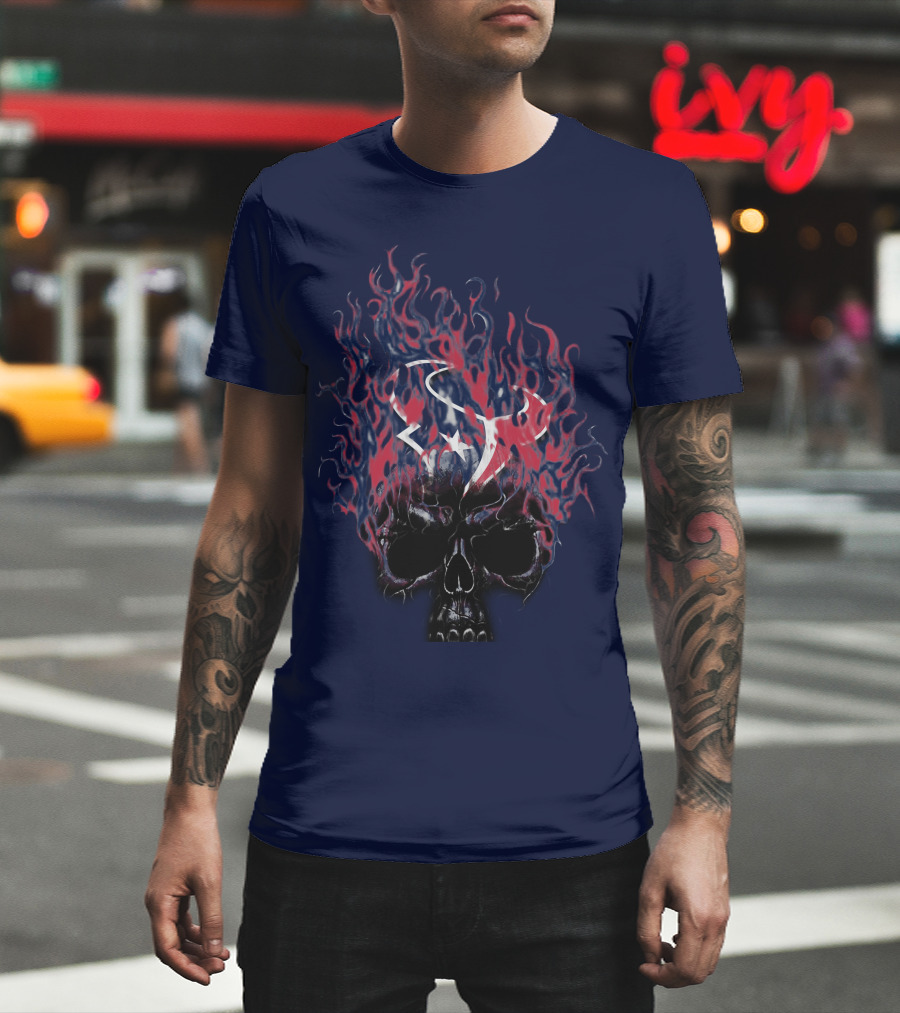 Houston Texans Skull With Fiery Logo And Flames T-Shirt