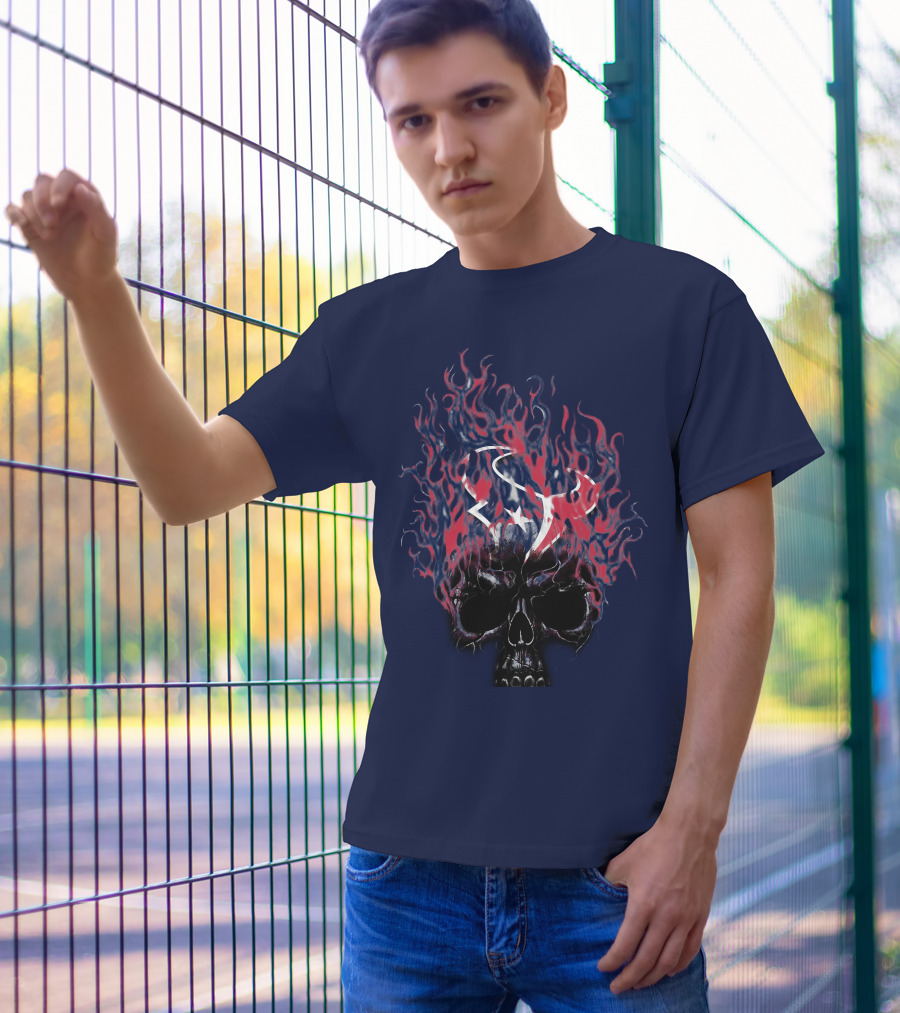 Houston Texans Skull With Fiery Logo And Flames T-Shirt