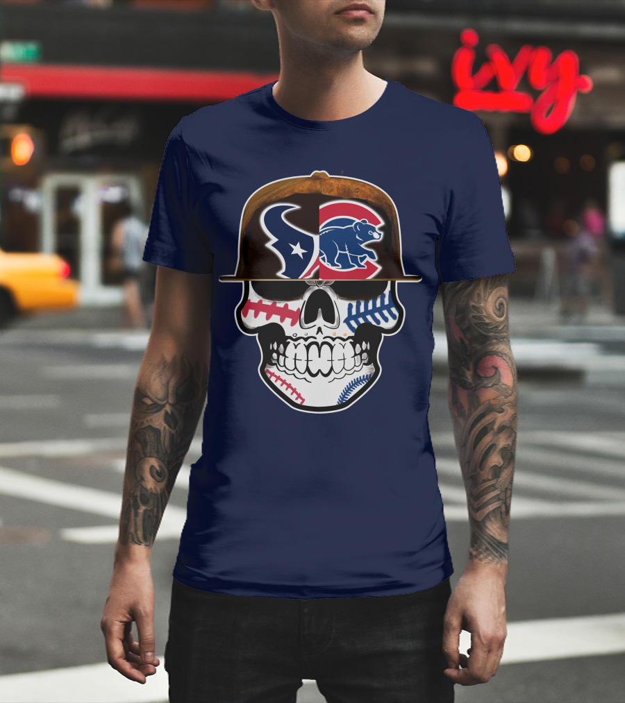 Houston Texans Chicago Cubs Skull Baseball Football Fusion T-Shirt