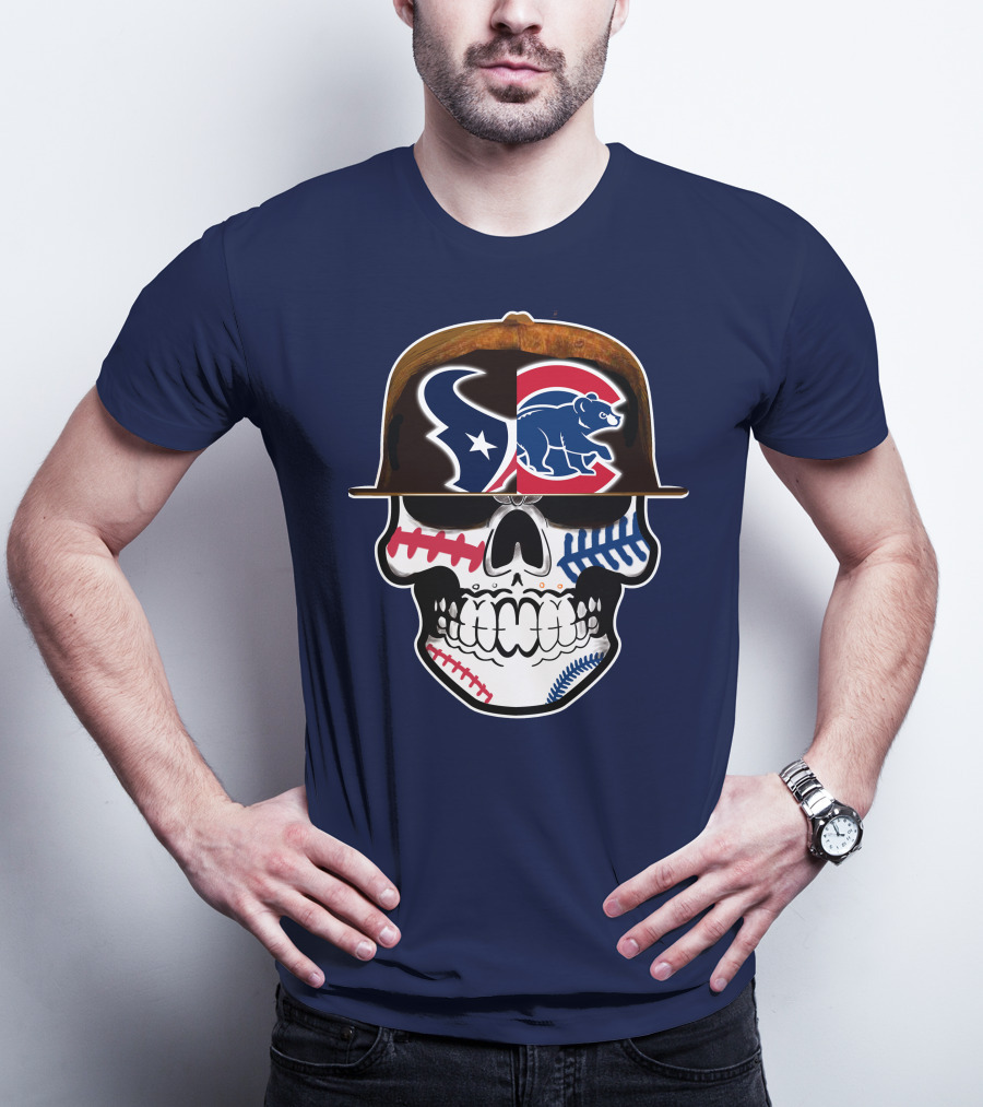 Houston Texans Chicago Cubs Skull Baseball Football Fusion T-Shirt