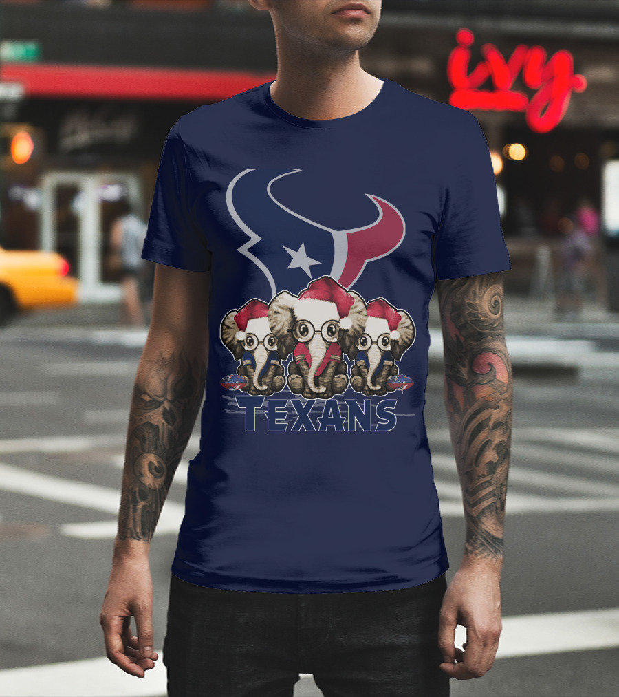 Elephants In Christmas Hats With Houston Texans T-Shirt