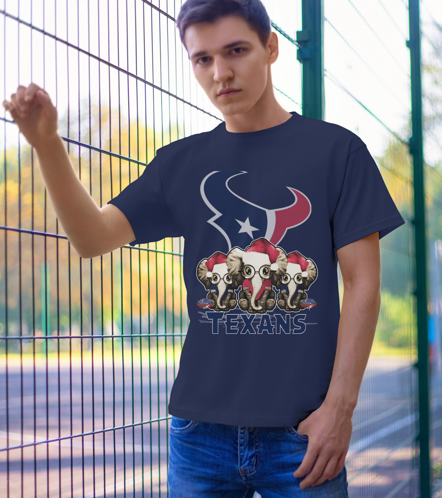 Elephants In Christmas Hats With Houston Texans T-Shirt