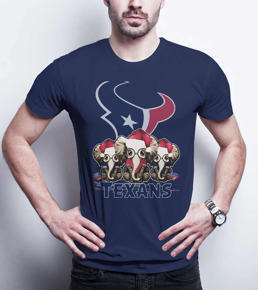 Elephants In Christmas Hats With Houston Texans T-Shirt