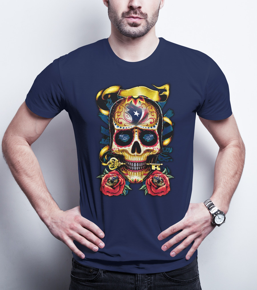 Houston Texans Skull Design With Roses And Key T-Shirt
