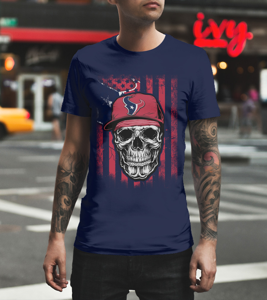 Skull In Houston Texans Hat With American Flag Background T-Shirt