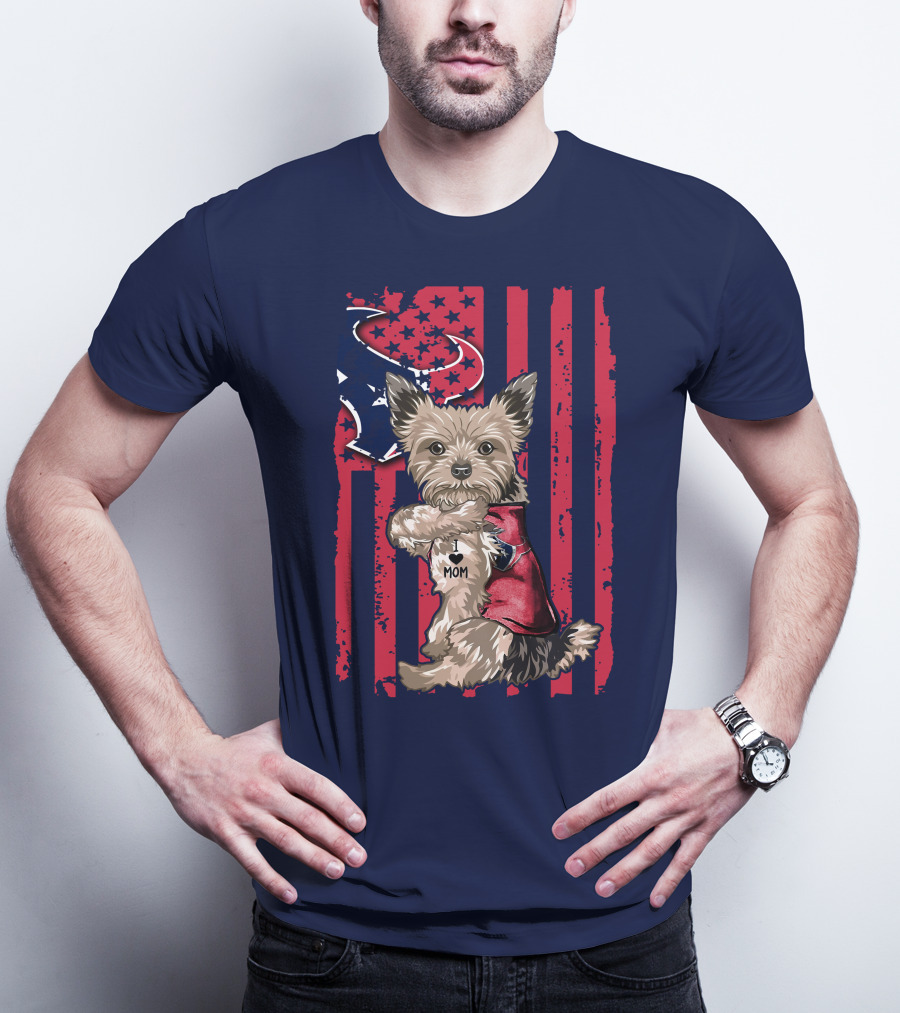 Yorkshire Terrier I Love Mom Houston Texans American Flag T-Shirt