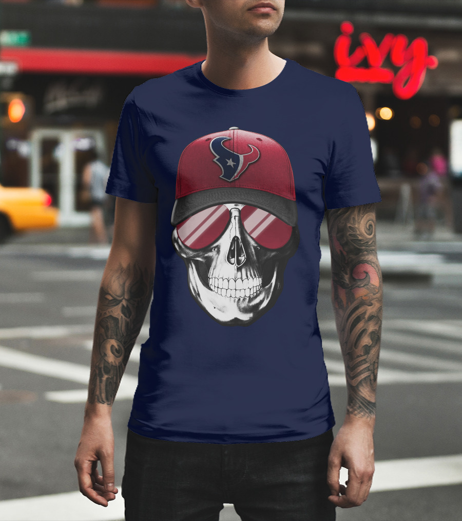 Skull With Houston Texans Logo Hat And Reflective Sunglasses T-Shirt
