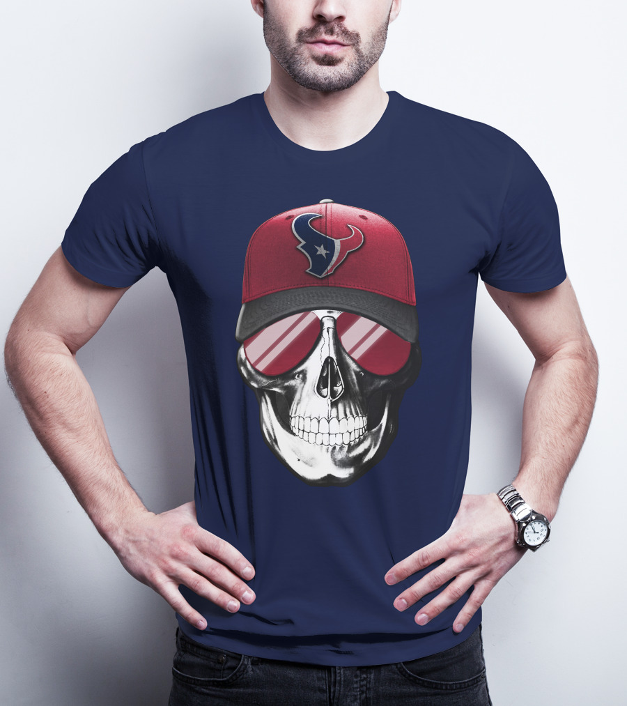 Skull With Houston Texans Logo Hat And Reflective Sunglasses T-Shirt