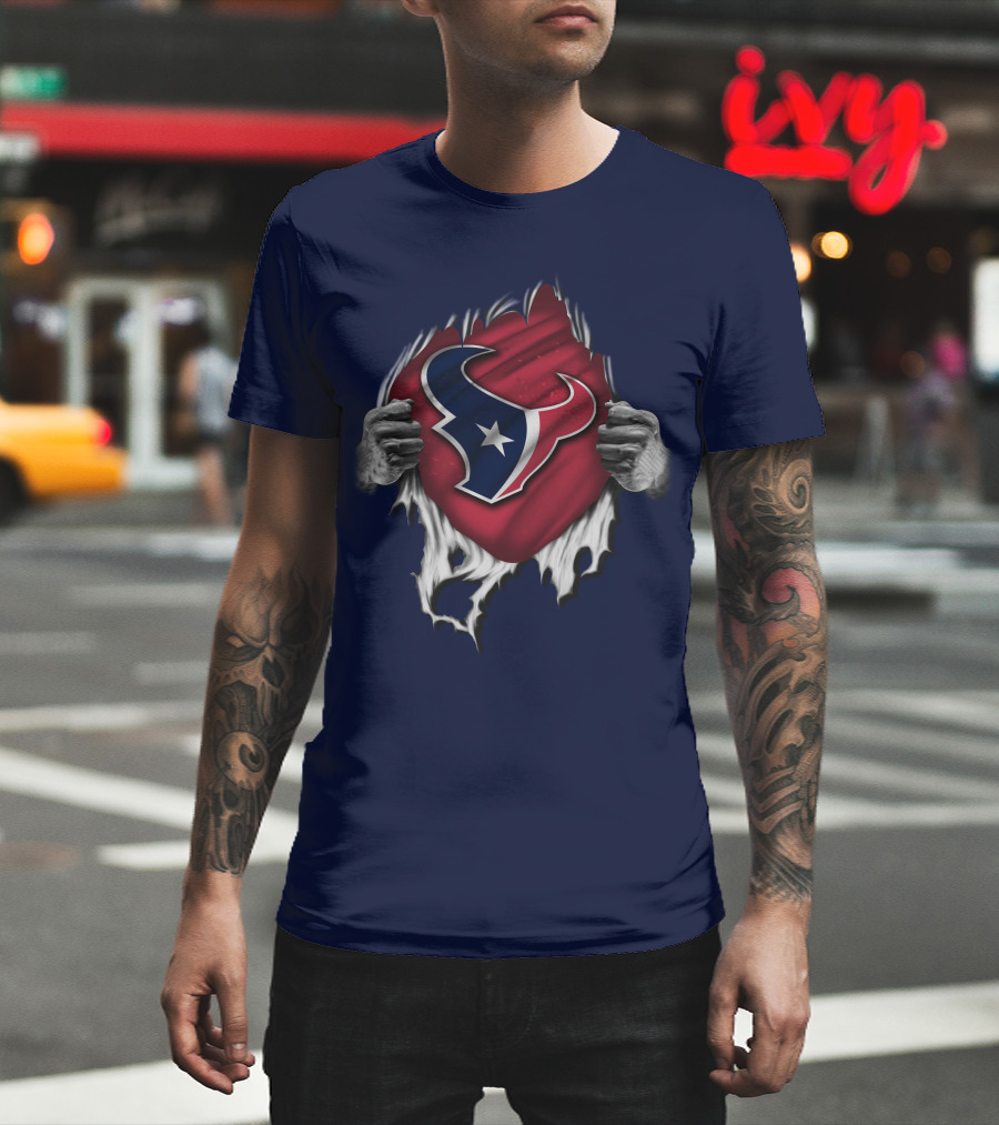 Torn Houston Texans Emblem Revealed Through Superhero Rip Effect T-Shirt