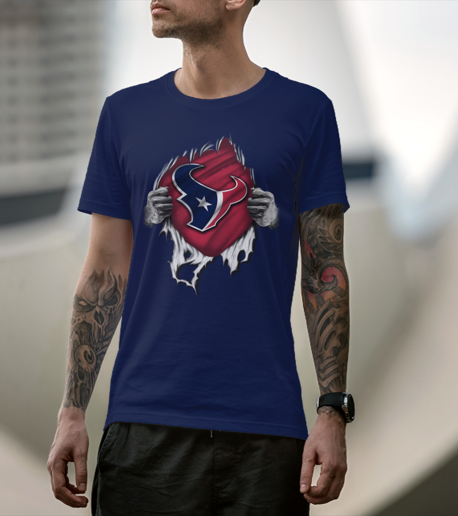 Torn Houston Texans Emblem Revealed Through Superhero Rip Effect T-Shirt