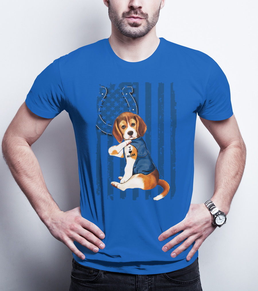 Beagle Wearing I Love Mom Indianapolis Colts Shirt With Horseshoe T-Shirt
