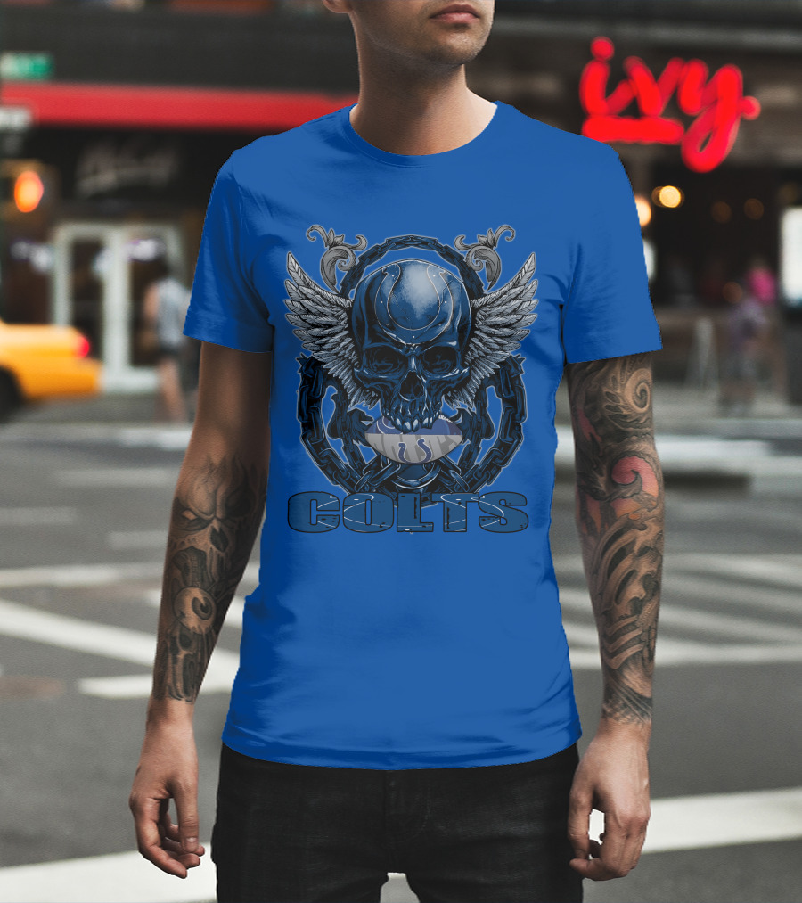 Colts Skullfb Winged Blue Skull Design For Indianapolis Colts Fans T-Shirt