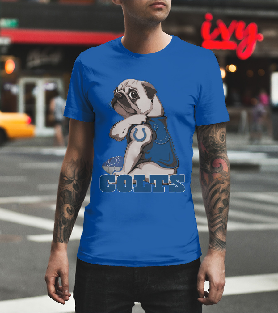 Pug Colts Fan With Blue Football Gear T-Shirt