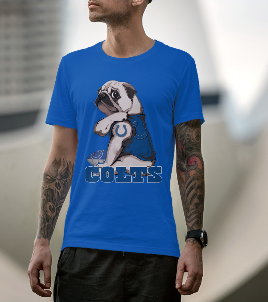 Pug Colts Fan With Blue Football Gear T-Shirt
