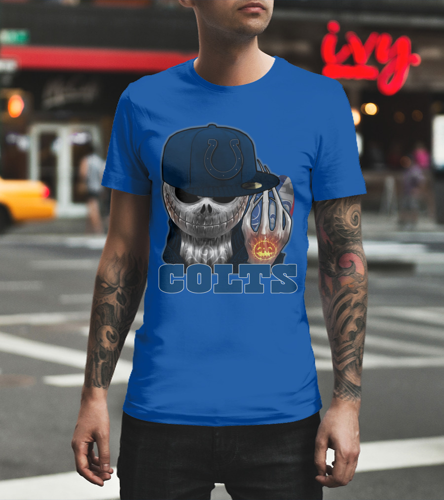 Colts Halloween Skull With Indianapolis Blue And Jack O'lantern Hand T-Shirt