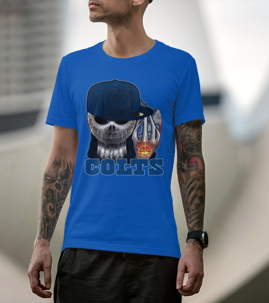 Colts Halloween Skull With Indianapolis Blue And Jack O'lantern Hand T-Shirt