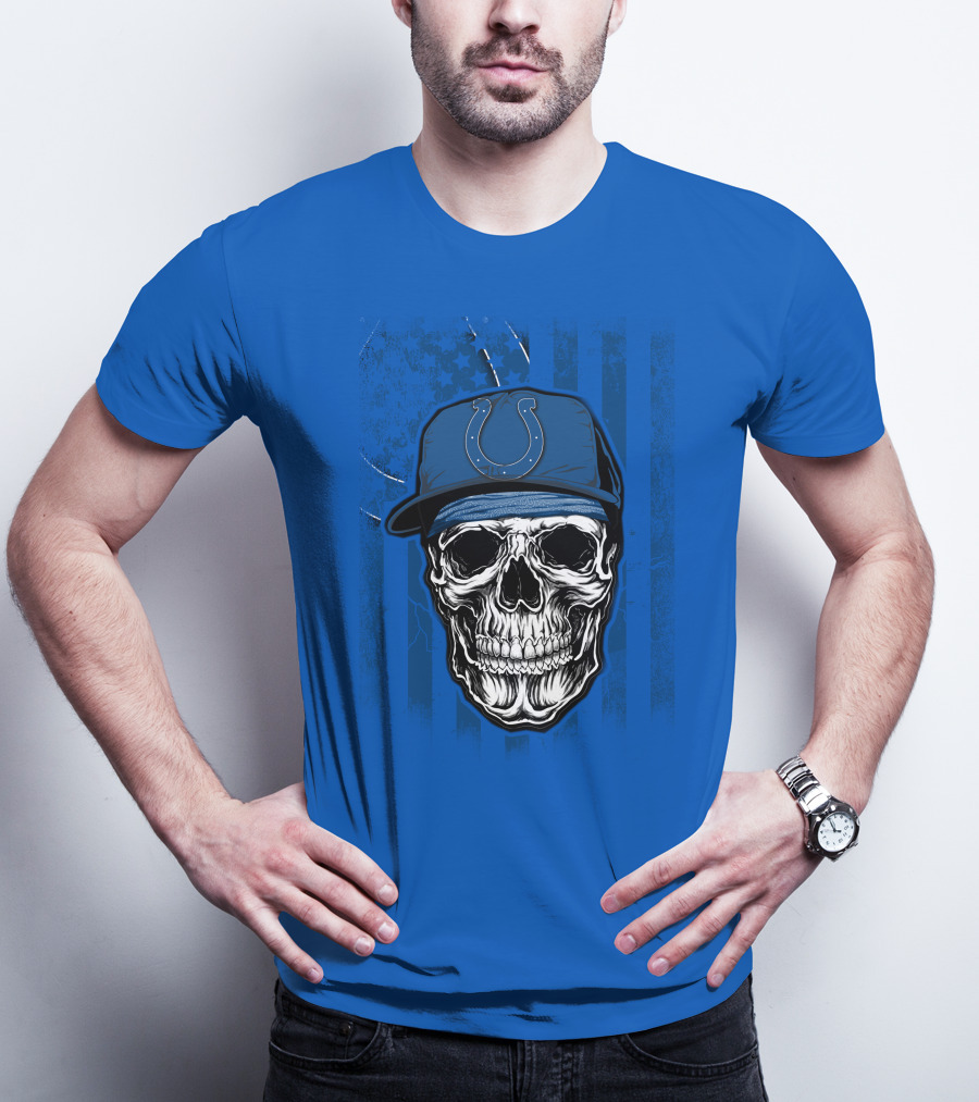 Skull Indianapolis Colts Blue Cap American Flag Background T-Shirt