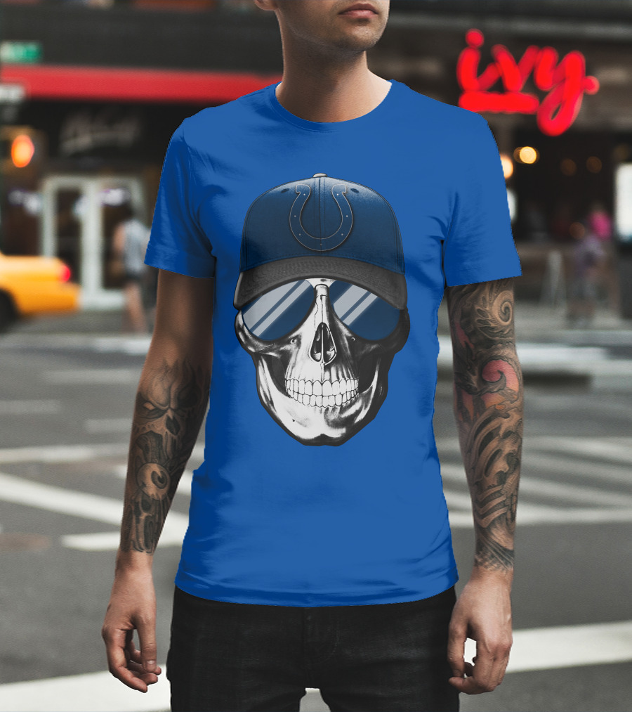 Skull Wearing Indianapolis Colts Cap With Sunglasses T-Shirt
