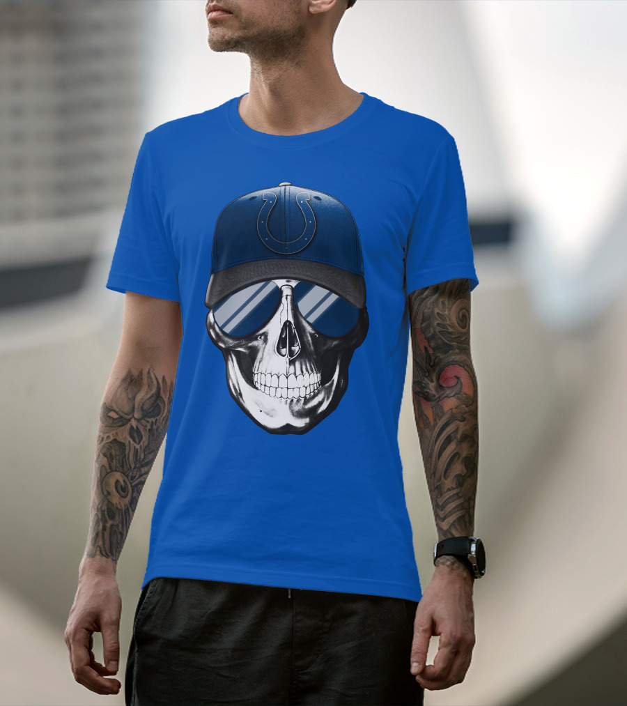 Skull Wearing Indianapolis Colts Cap With Sunglasses T-Shirt