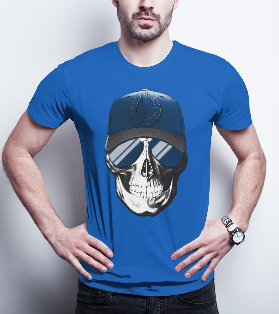 Skull Wearing Indianapolis Colts Cap With Sunglasses T-Shirt