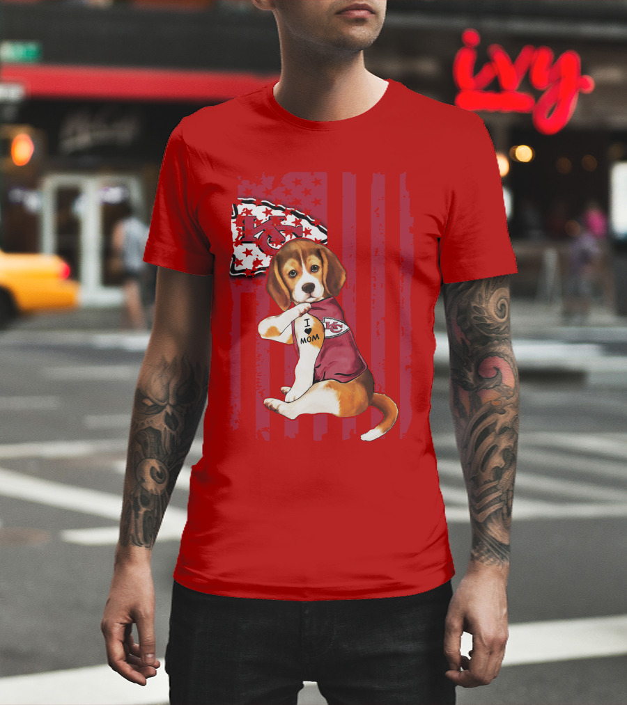 Beagle I Love Mom Kansas City Chiefs Fan Tattoo Football American Flag T-Shirt