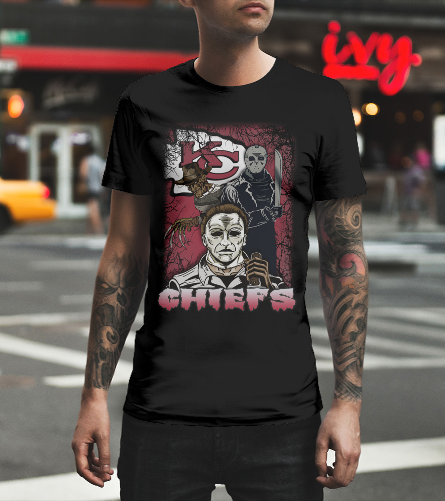 Kc Chiefs Horror Movie Crossover Featuring Iconic Villains T-Shirt
