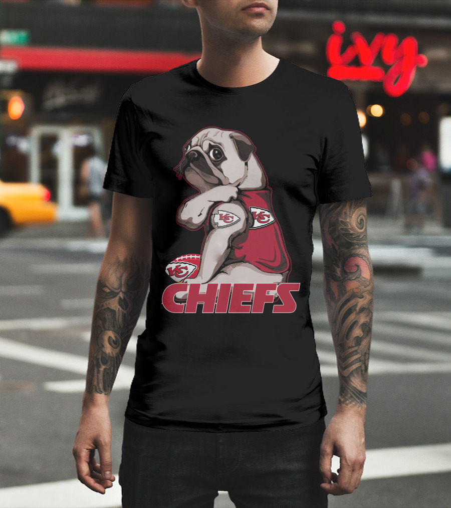 Pug Wearing Kansas City Chiefs Jersey With Football T-Shirt