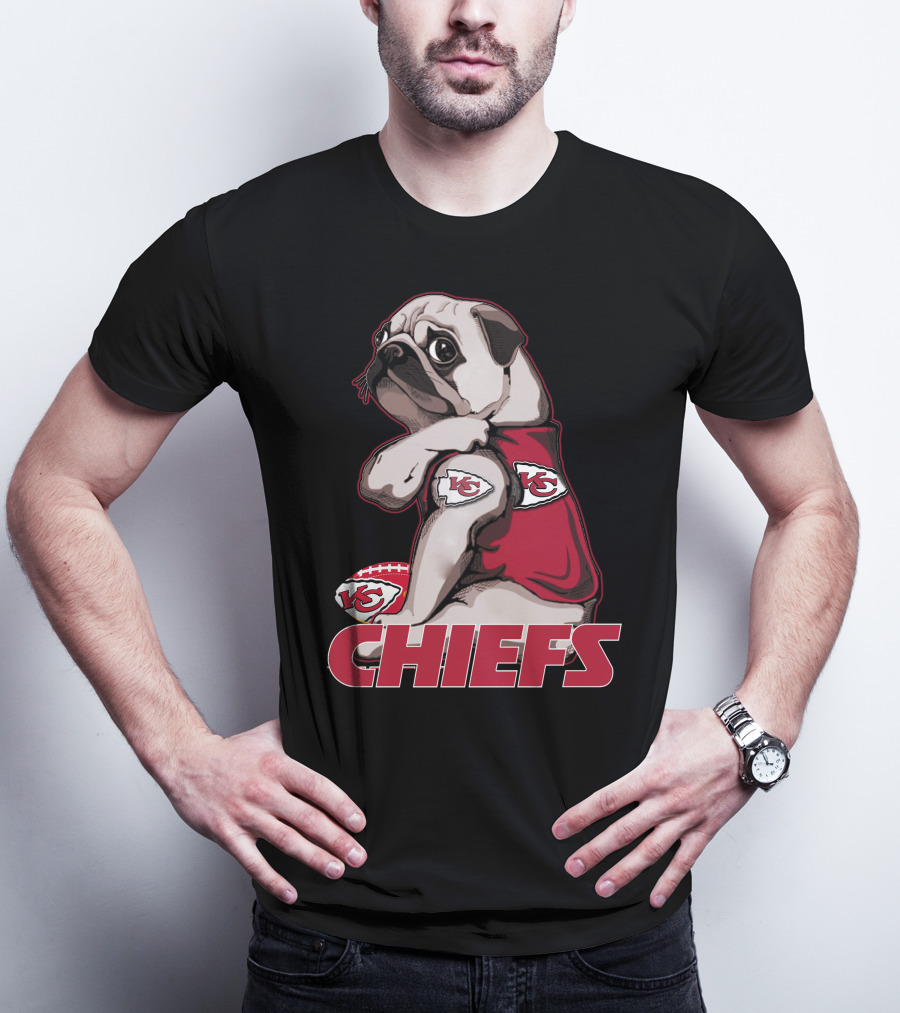 Pug Wearing Kansas City Chiefs Jersey With Football T-Shirt