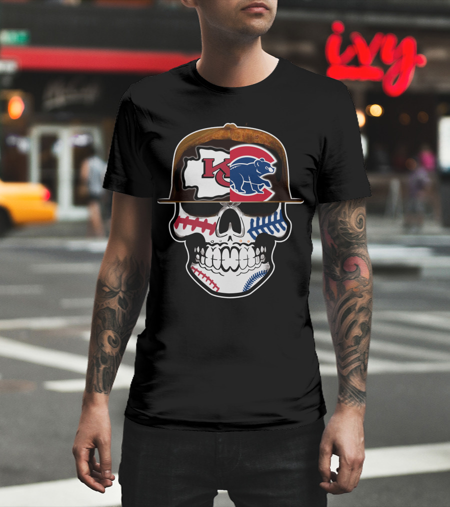 Kansas City Chiefs Chicago Cubs Skull Baseball Football Fusion T-Shirt