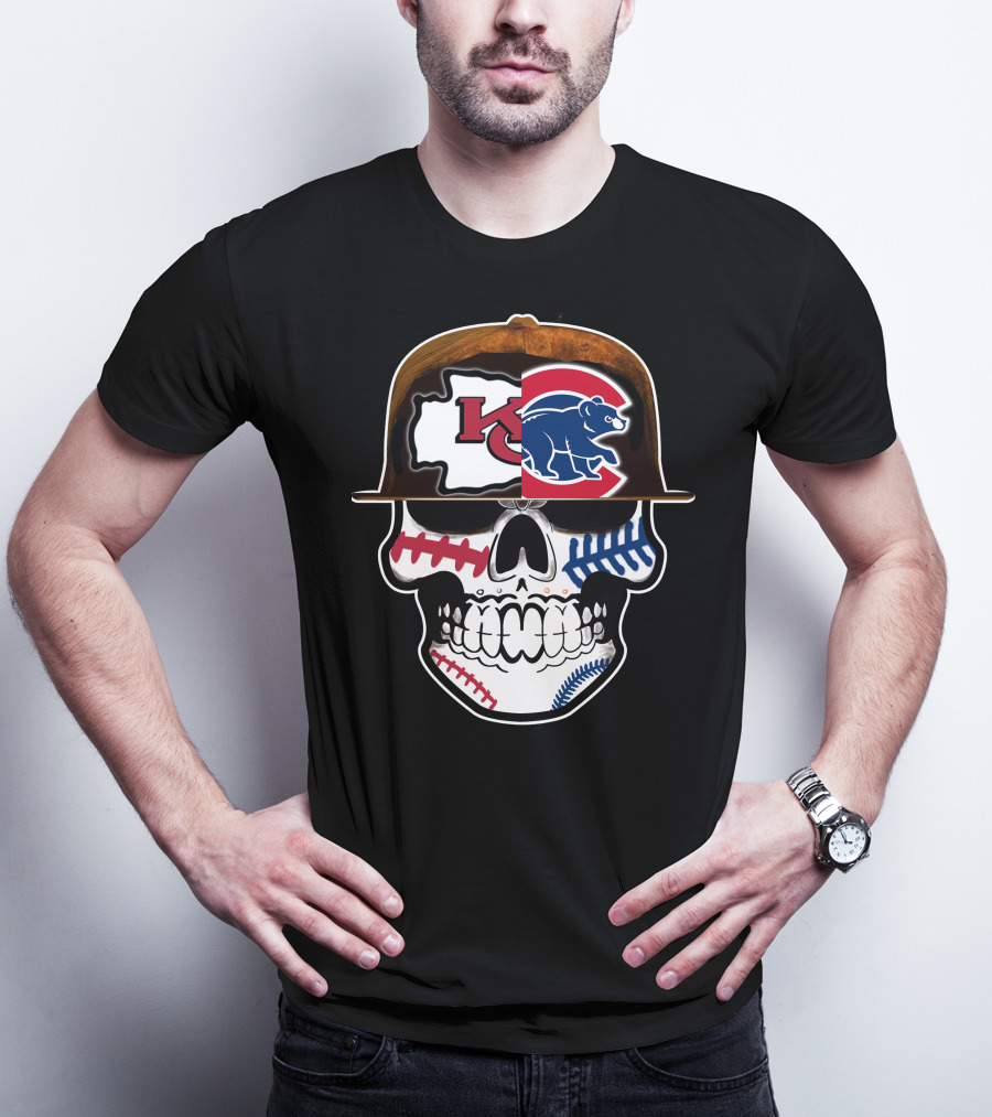 Kansas City Chiefs Chicago Cubs Skull Baseball Football Fusion T-Shirt