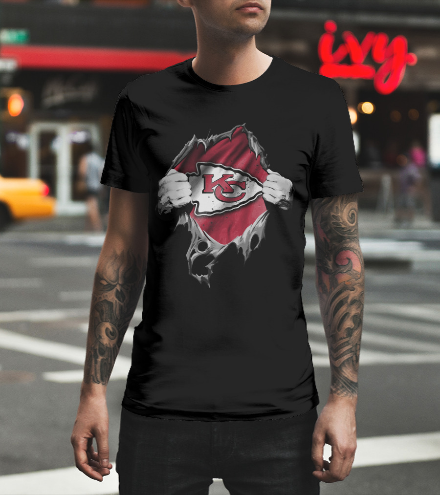 Torn Kansas City Chiefs Kc Logo Ripped Open T-Shirt