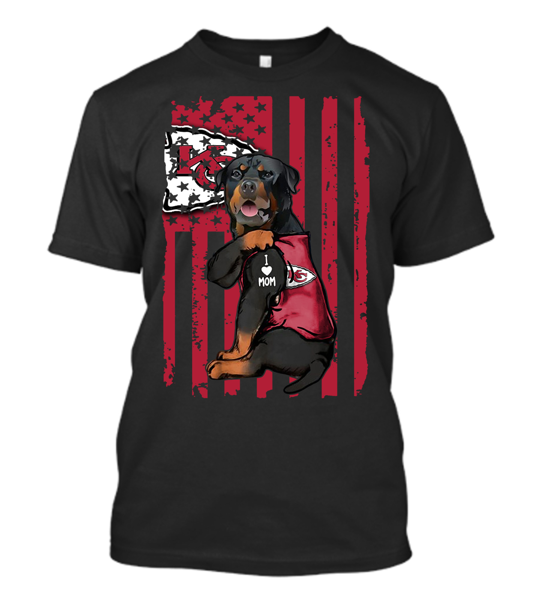 Kansas City Chiefs Rottweiler I Love Mom Flag Background T-Shirt