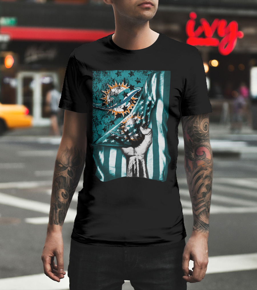 Flag V1 Miami Dolphins Stars And Stripes Fist T-Shirt