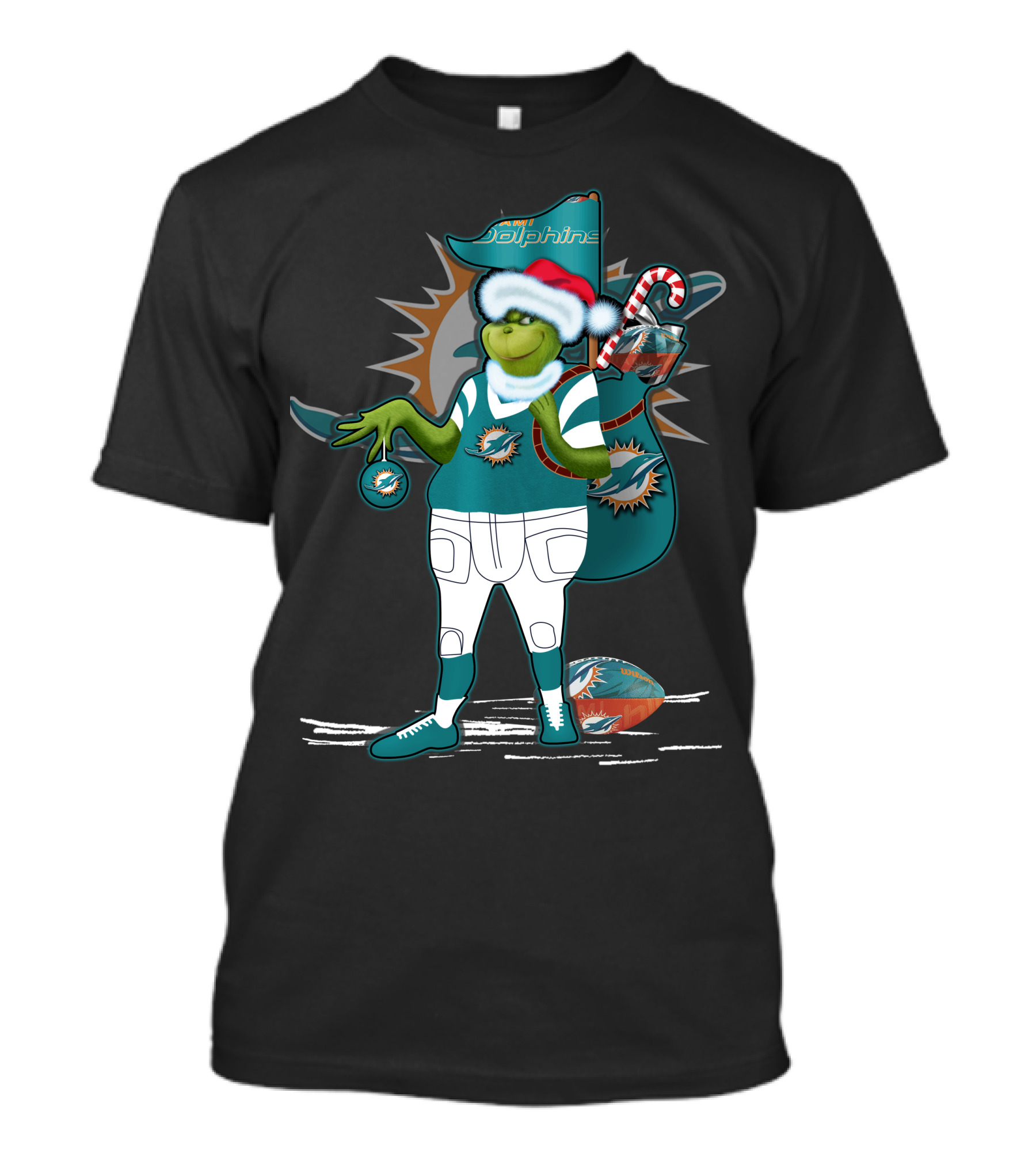 Grinchxmas Miami Dolphins Holiday Grinch With Football And Ornament Santa Hat T-Shirt