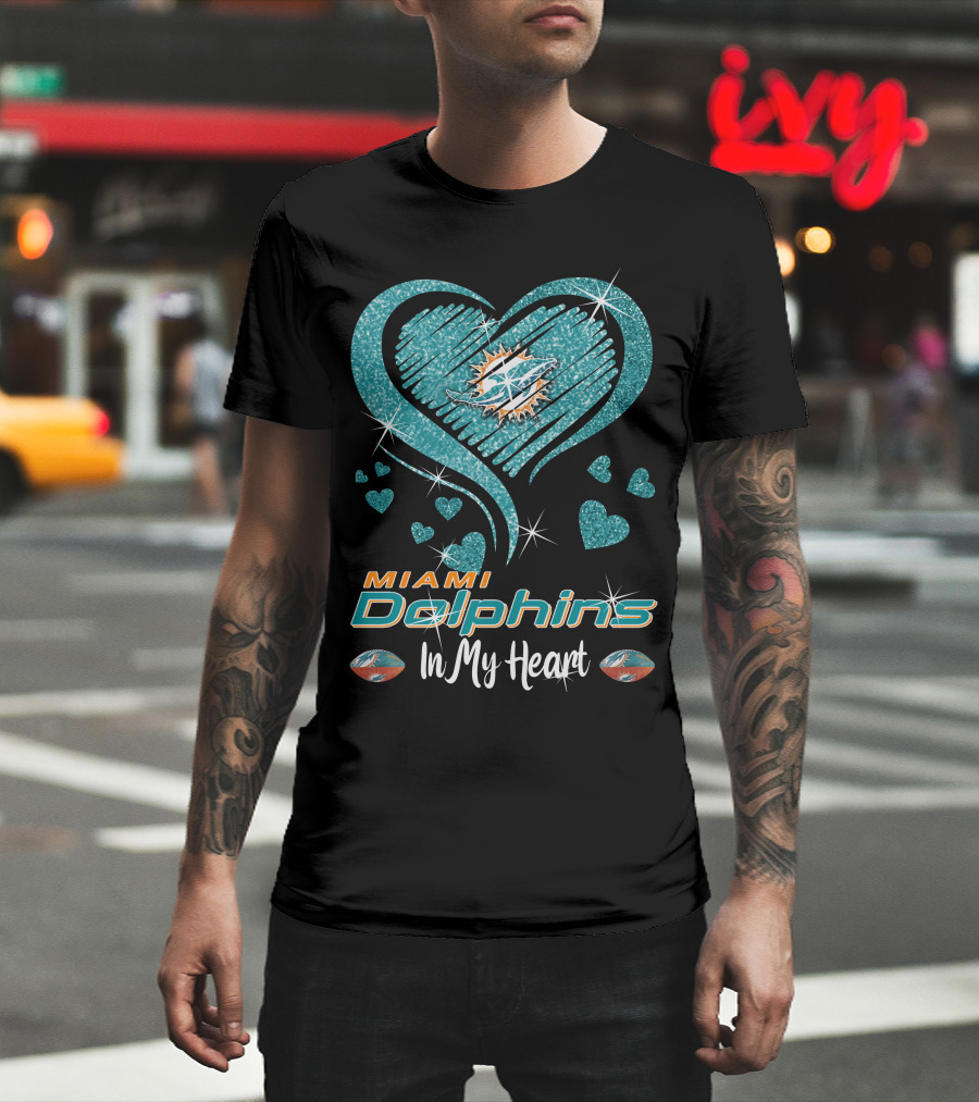Miami Dolphins In My Heart Sparkling Teal Design With Logo And Hearts T-Shirt