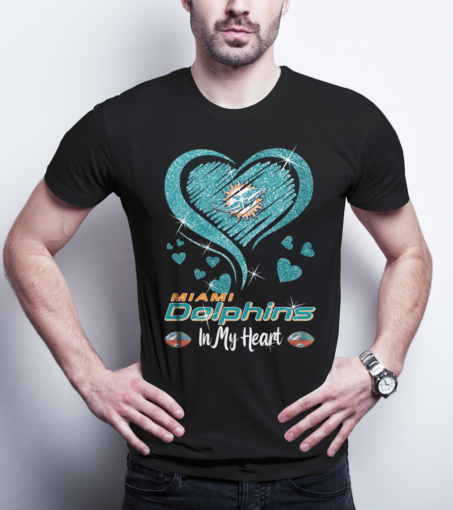 Miami Dolphins In My Heart Sparkling Teal Design With Logo And Hearts T-Shirt