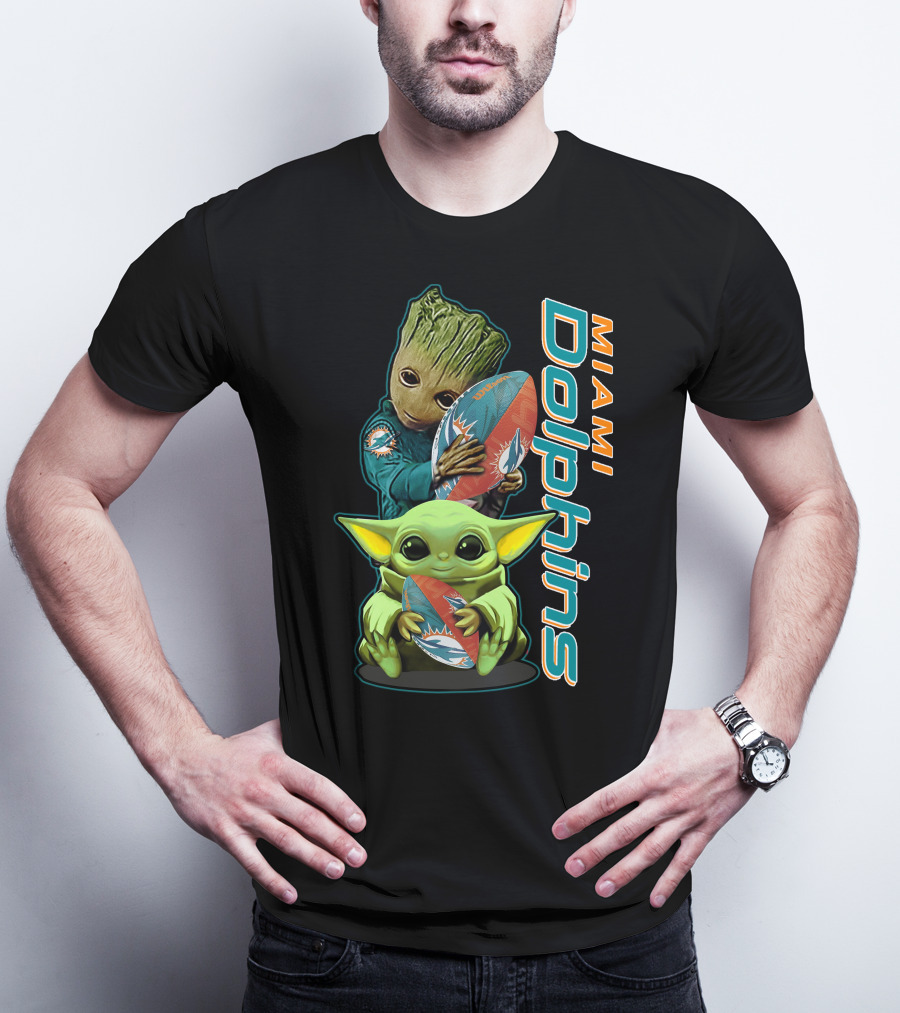 Grzd Miami Dolphins Groot And Baby Yoda Football T-Shirt