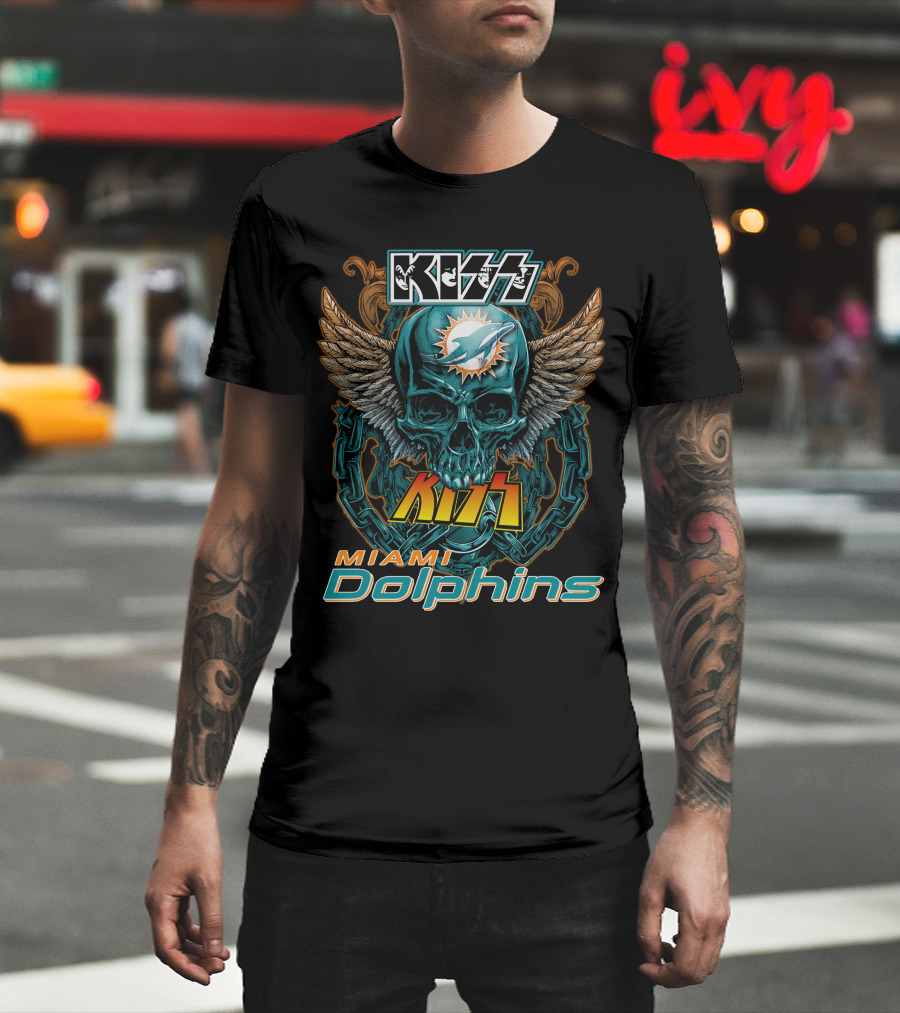 Kiss Miami Dolphins Skull Art With Wings And Chains T-Shirt