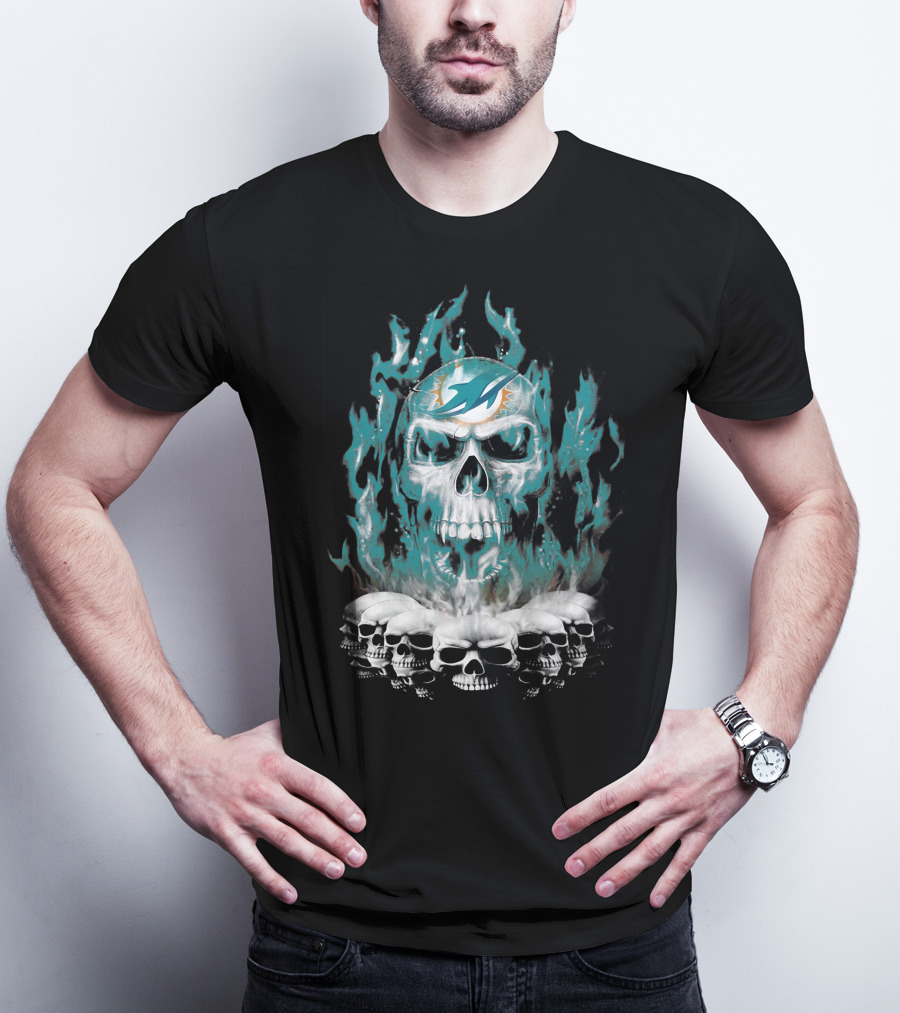 Miami Dolphins Flaming Skulls T-Shirt