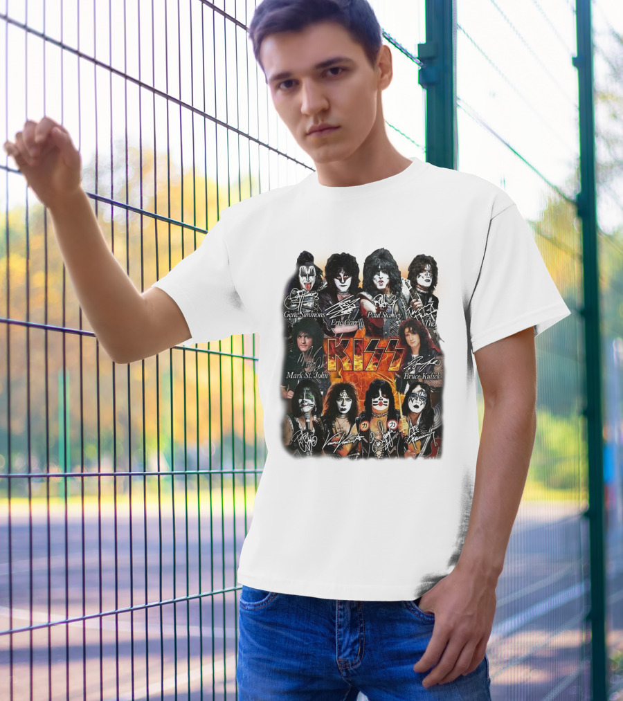 Kiss Band Members Gene Simmons Paul Stanley Peter Criss Ace Frehley Eric Carr Vinnie Vincent Mark St. John Bruce Kulick Eric Singer Thayer Signatures T-Shirt