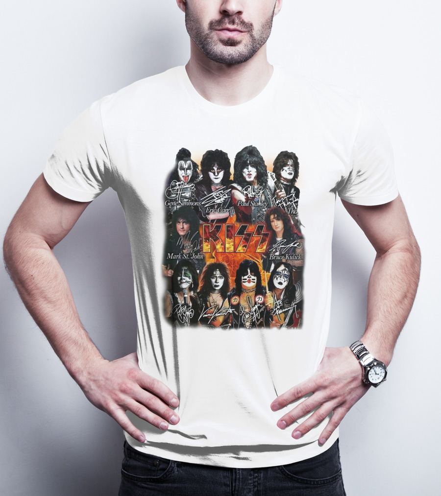 Kiss Band Members Gene Simmons Paul Stanley Peter Criss Ace Frehley Eric Carr Vinnie Vincent Mark St. John Bruce Kulick Eric Singer Thayer Signatures T-Shirt