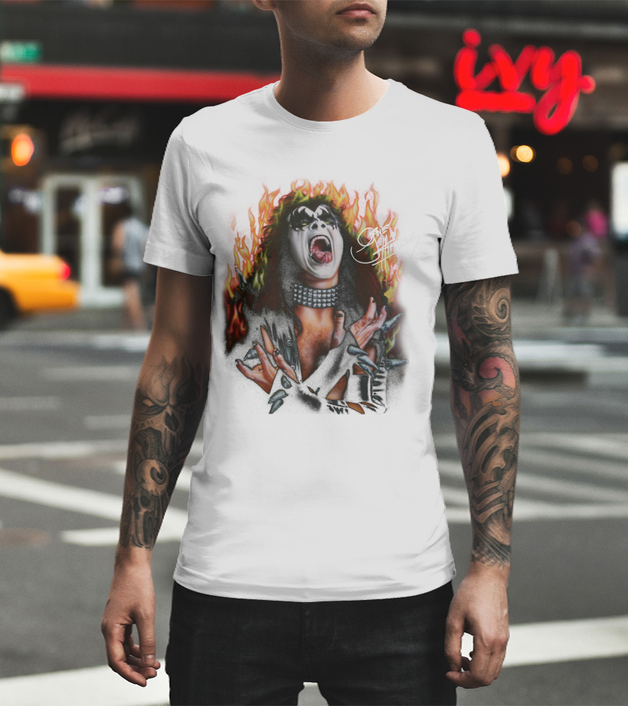 Gene Simmons Demon Makeup Fire Background T-Shirt