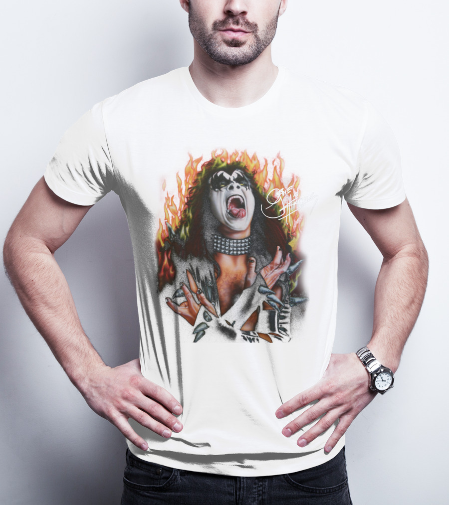 Gene Simmons Demon Makeup Fire Background T-Shirt