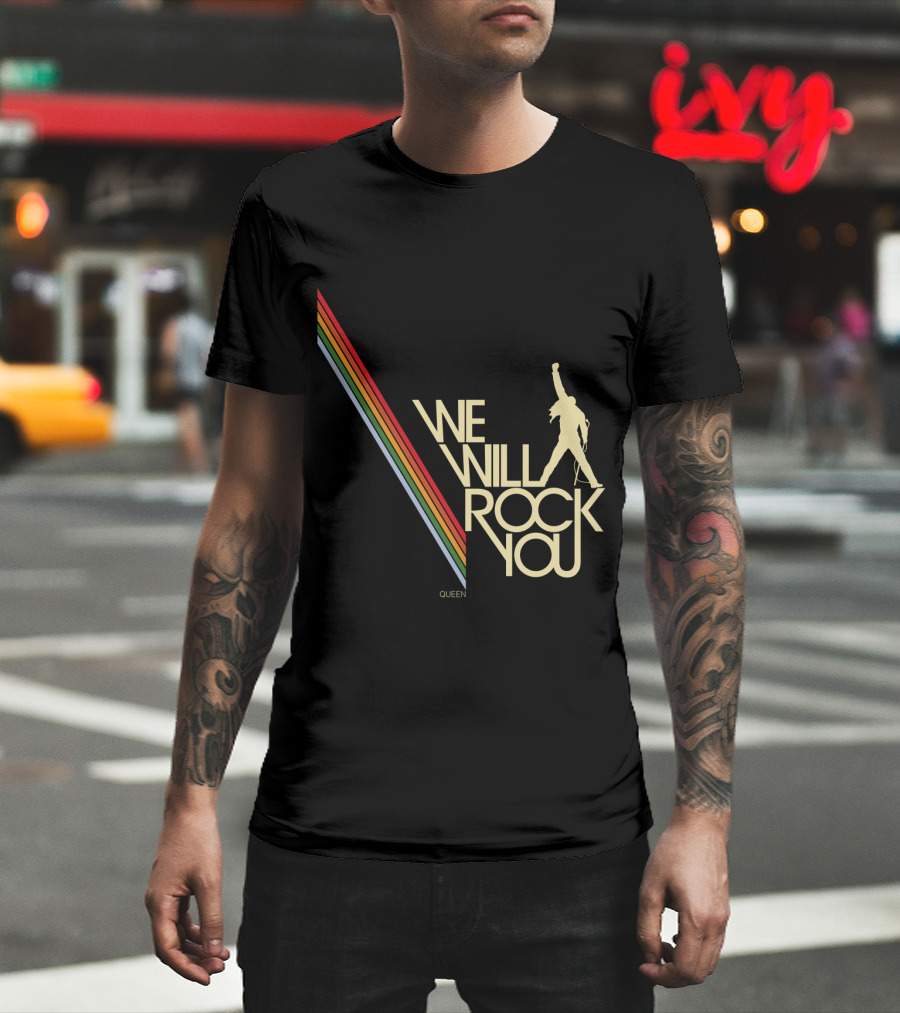 Queen We Will Rock You Silhouette Logo Rainbow Stripes T-Shirt