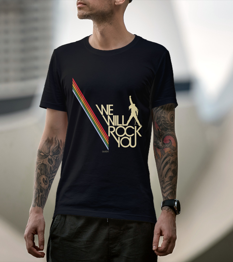 Queen We Will Rock You Silhouette Logo Rainbow Stripes T-Shirt
